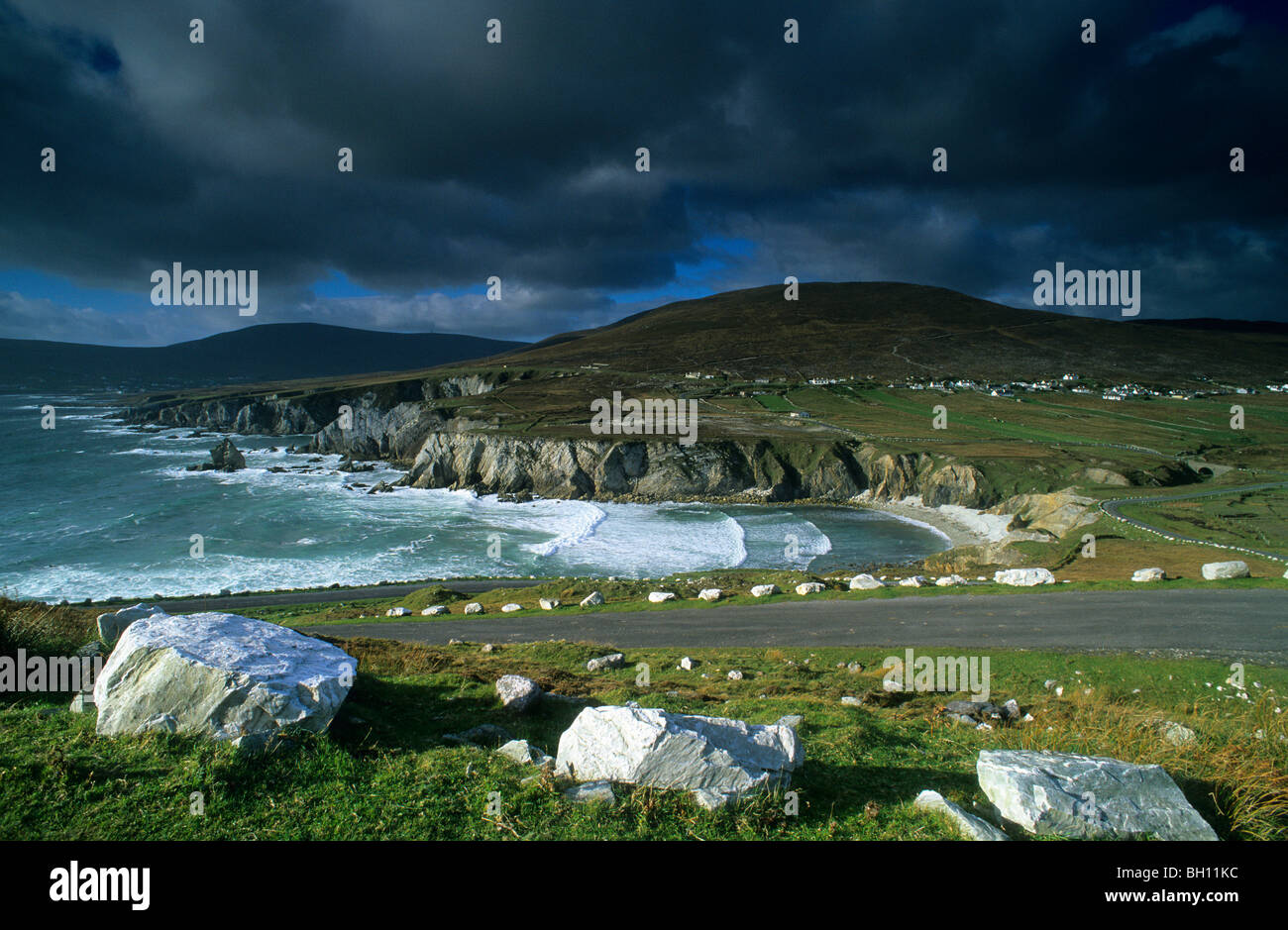 Coast area and ocean under rain clouds, Achill Island, County Mayo ...