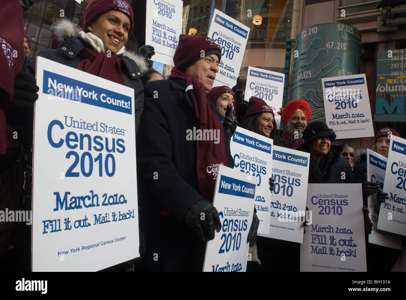 Workers for the US Census Bureau in Times Square in New York kick off ...