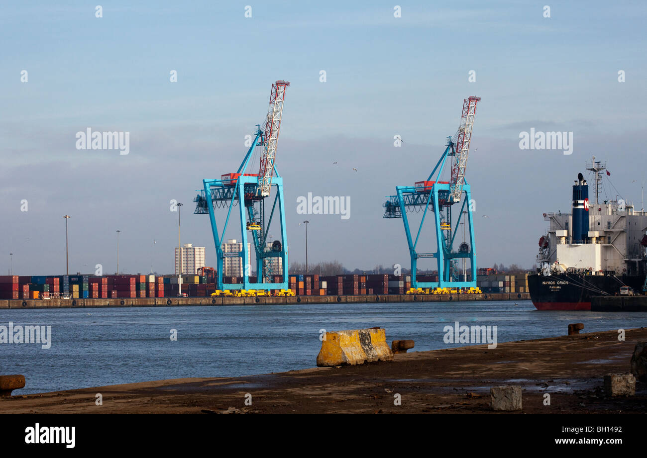 Dock Cranes and the ship Navios Orion in dock at the Port of Liverpool ...