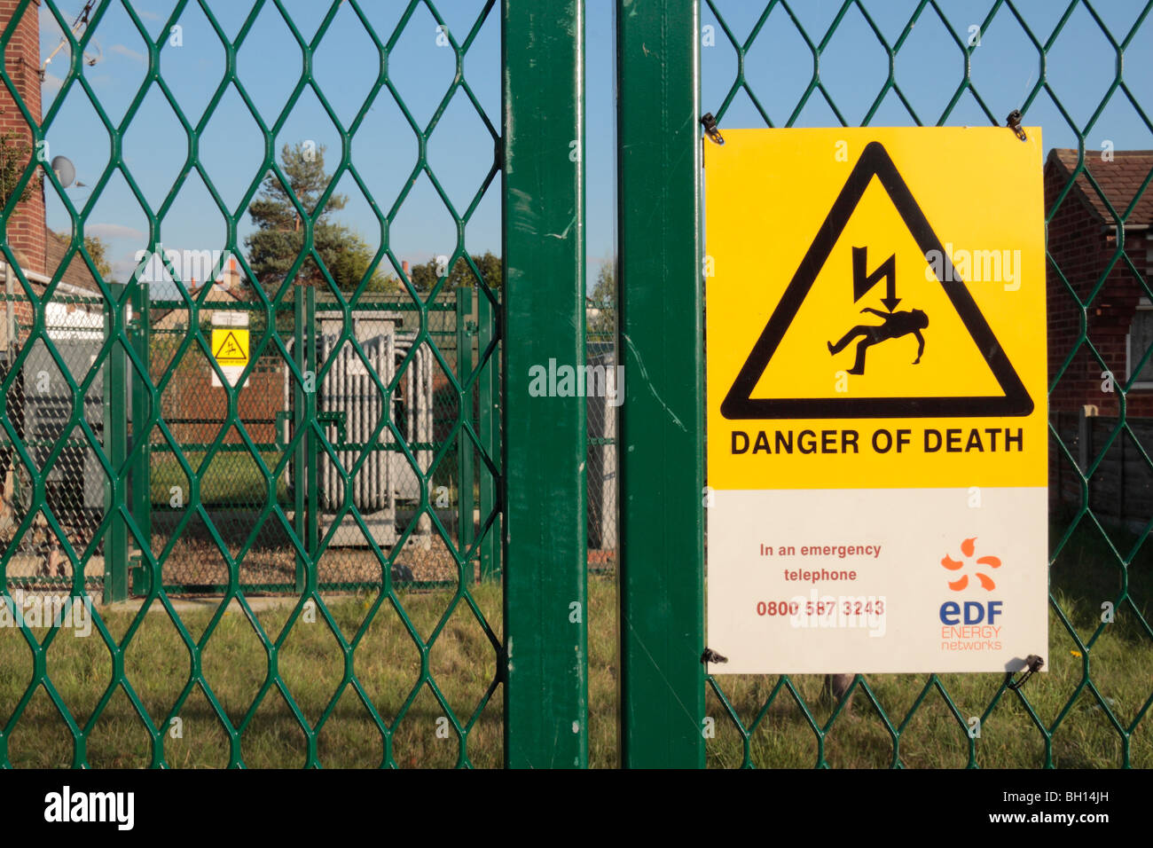 A warning sign outside an electricity sub station, Shepperton, UK Stock ...