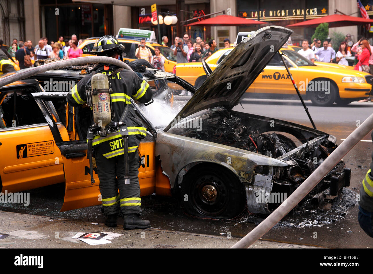 USA, New York, taxi fire, near to Times Square, black smoke 3 Sep 2009 ...