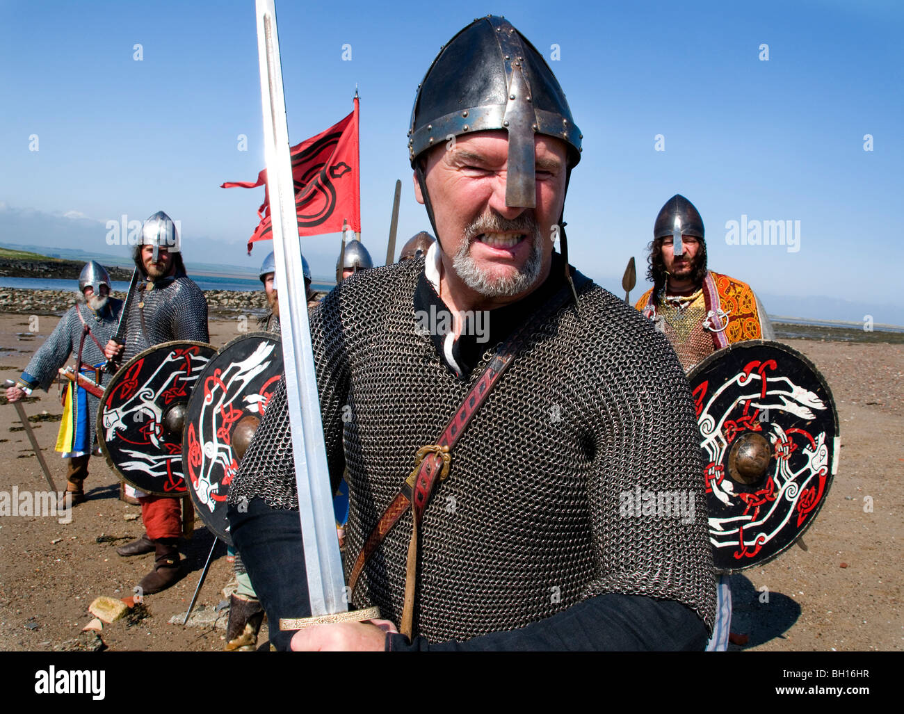 Vikings from a re-enactment group on Lindisfarne which the real vikings ...