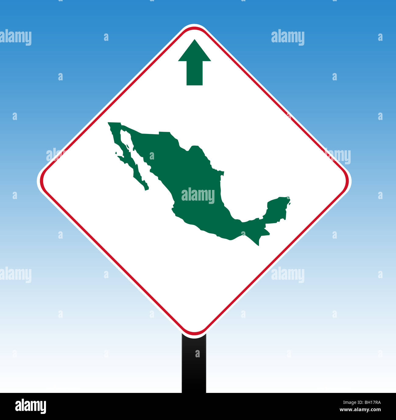 Mexico road sign in colors of flag with directional arrow, blue sky ...