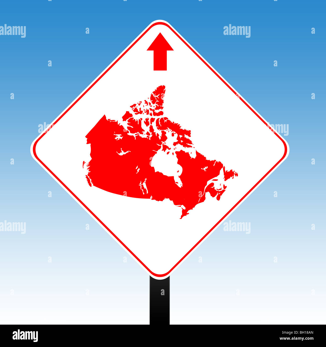 Canada road sign with directional arrow, blue sky background Stock ...
