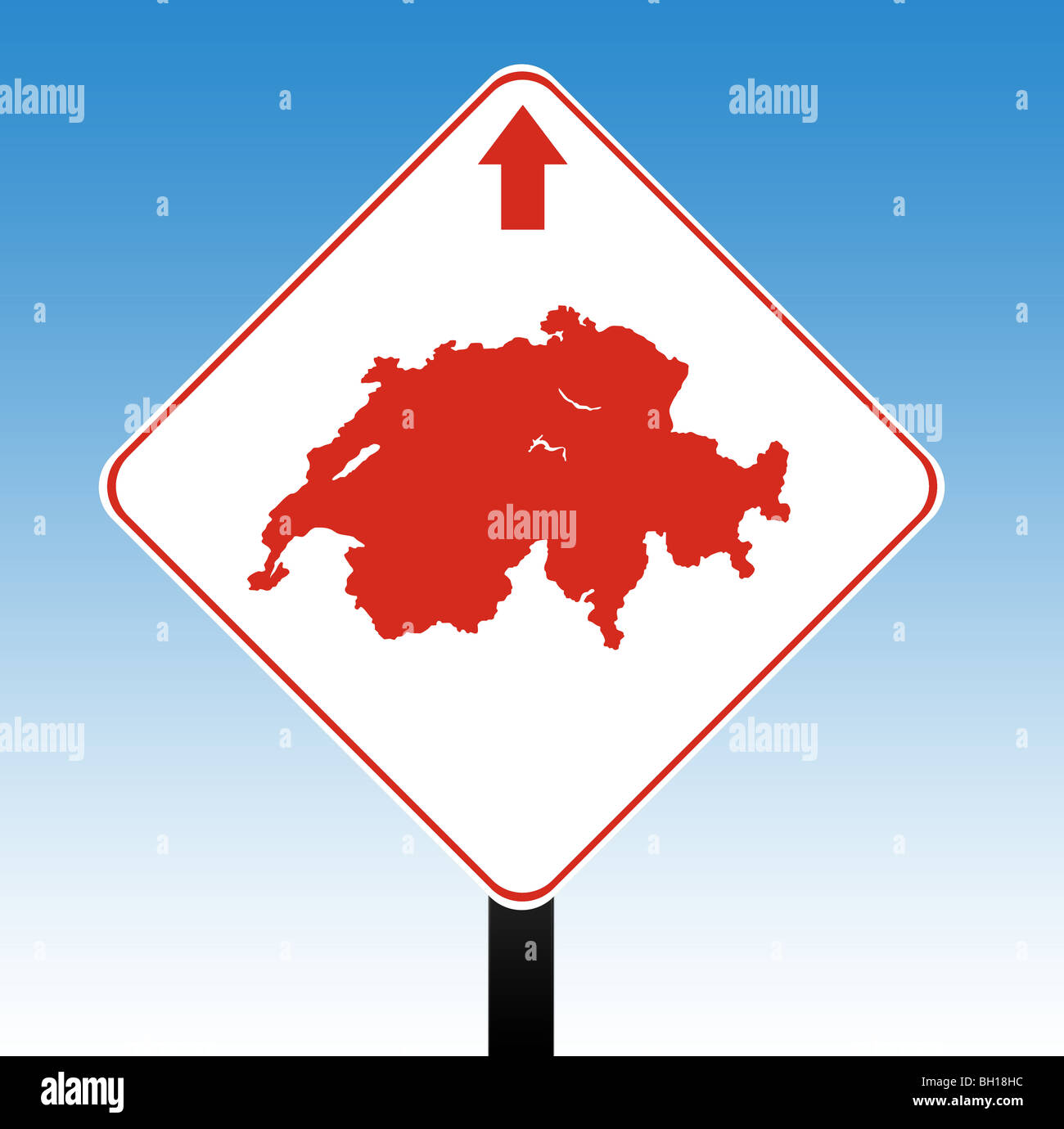 Switzerland road sign in flag colors with directional arrow, blue sky ...