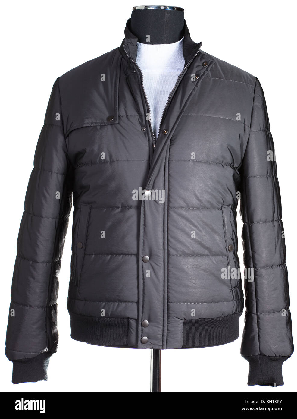 Black men's warm jacket is dressed a mannequin. Object on a white ...