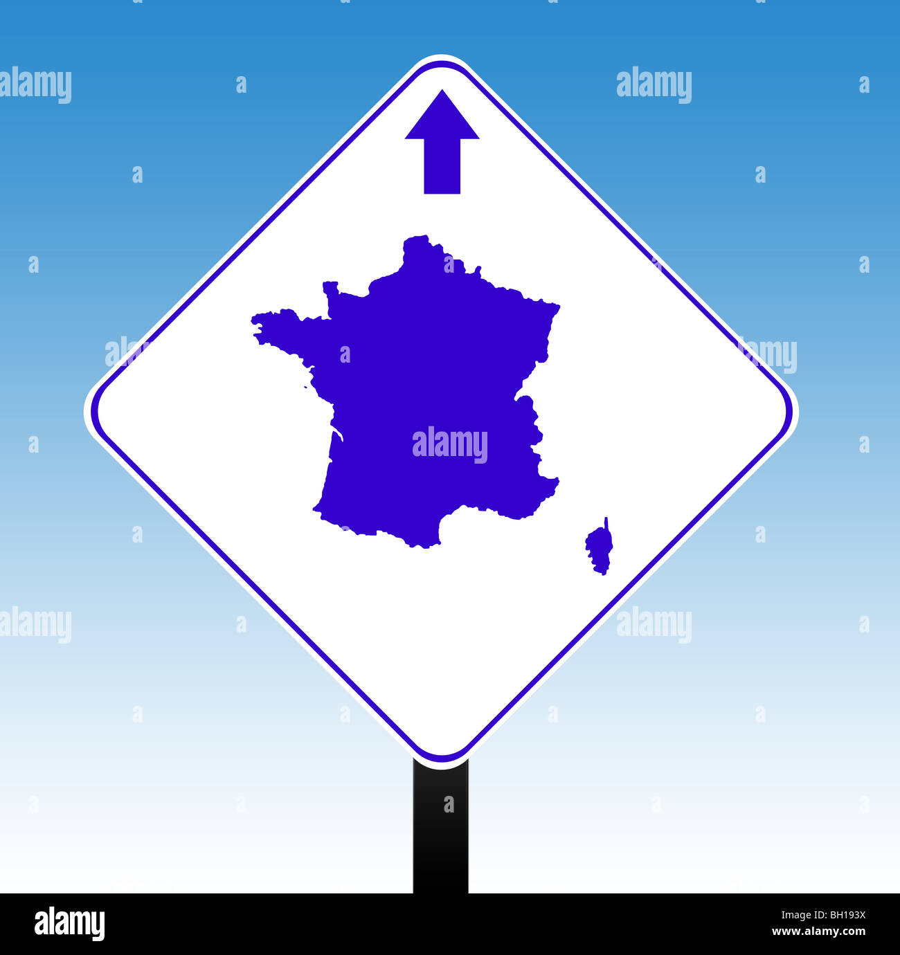 France road sign with directional arrow, blue sky background Stock ...