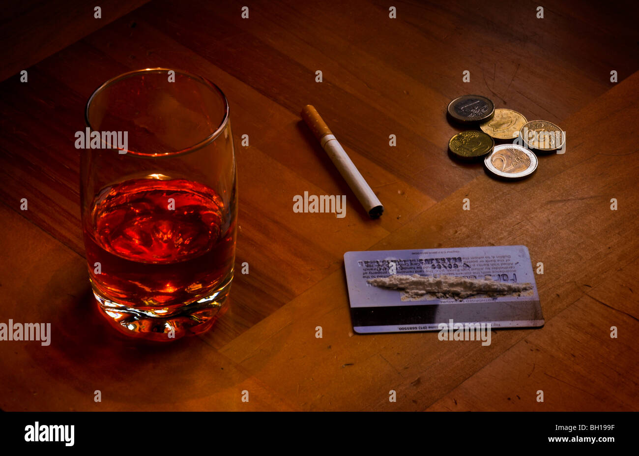 Conceptual image showing alcohol, tobacco, drugs habits or addiction ...