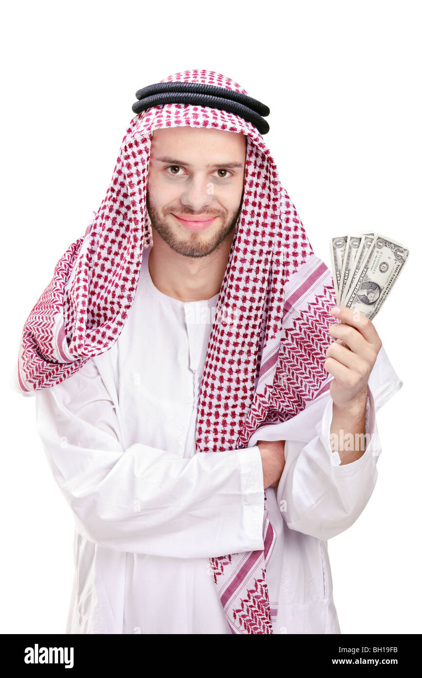 Arabic man holding US dollars, isolated on white background Stock Photo ...
