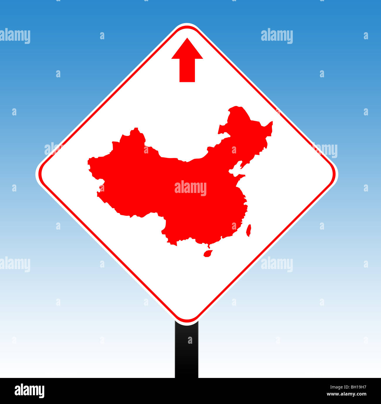 China road sign with directional arrow, blue sky background Stock Photo ...
