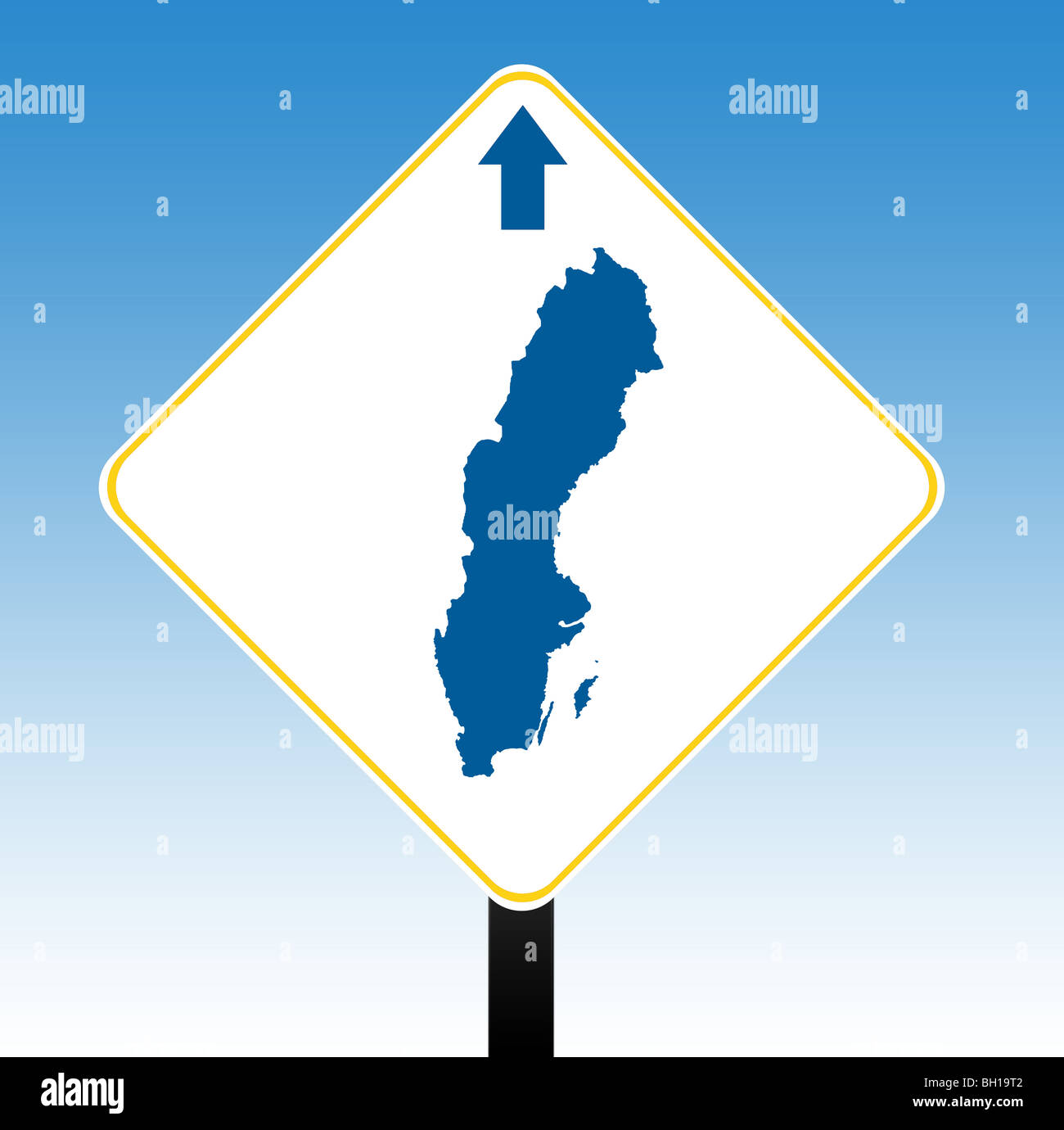 Sweden road sign in flag colors with directional arrow, blue sky ...
