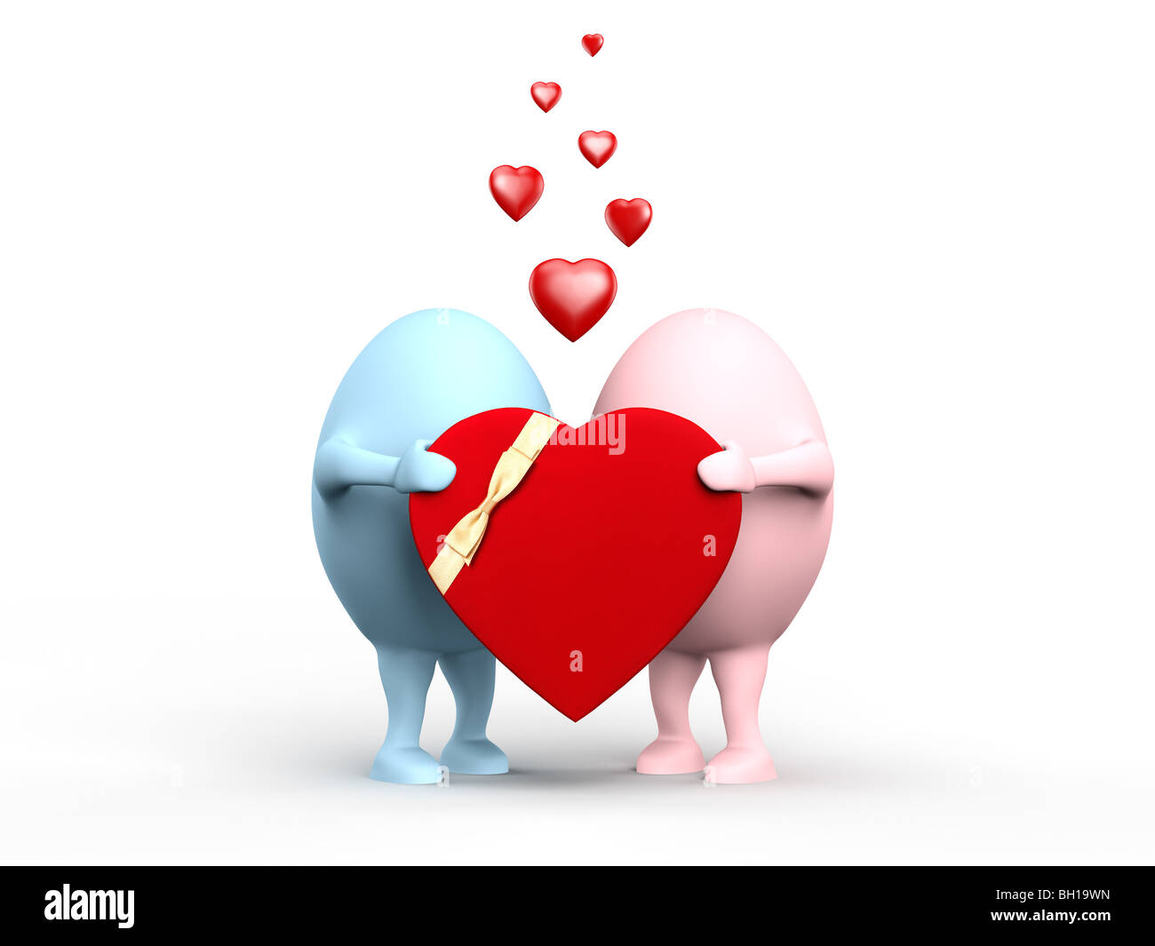 3D illustration of a cute couple of egghead characters in love holding ...