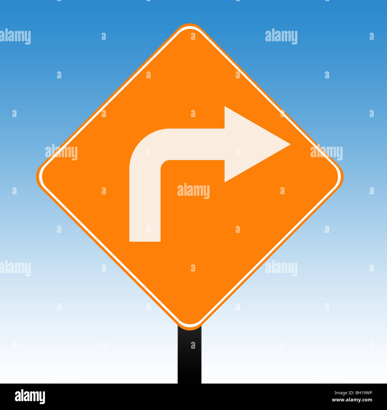 Turning corner directional road sign with blue sky background Stock ...
