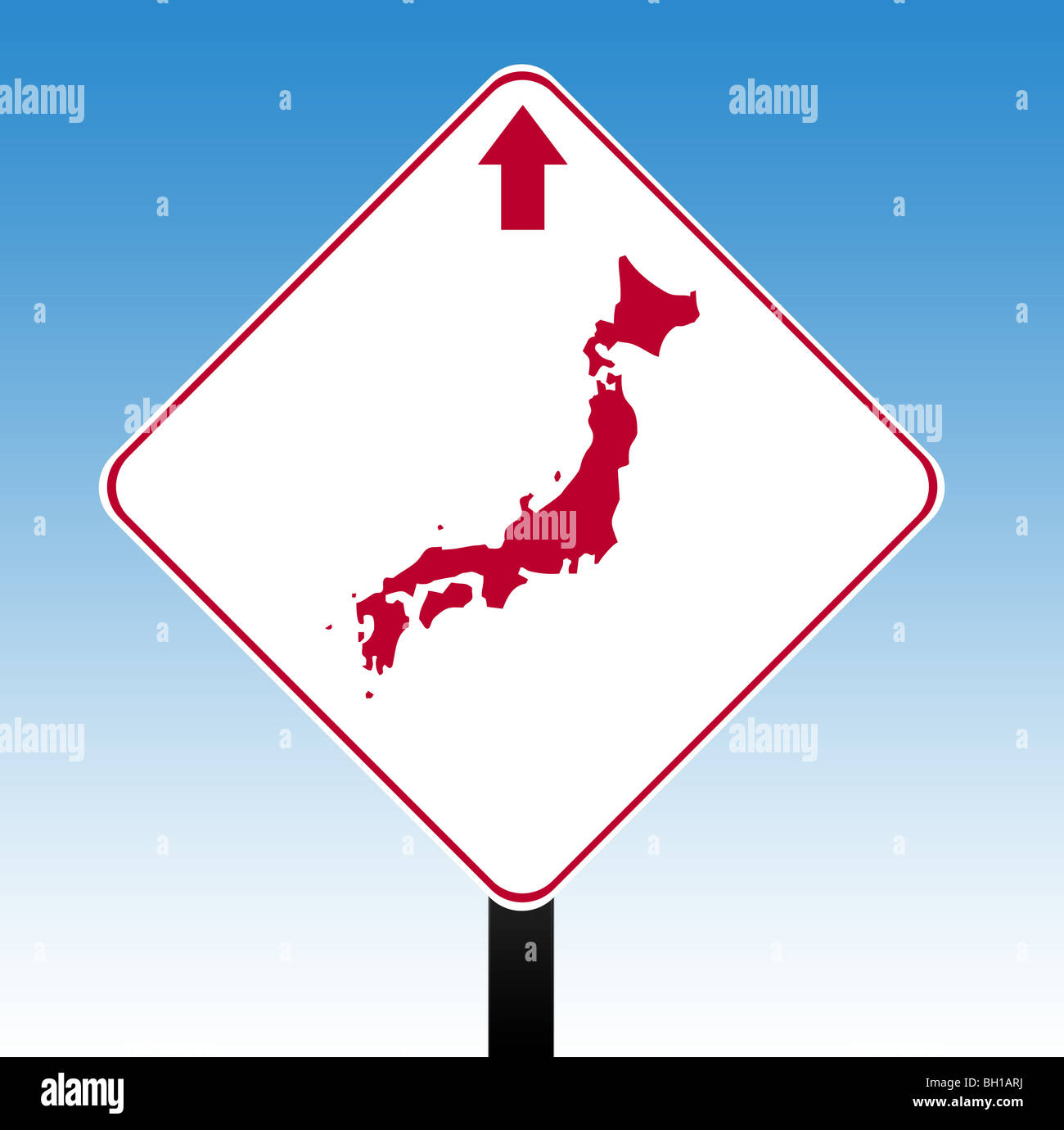 Japan road sign in flag colors with directional arrow, blue sky ...