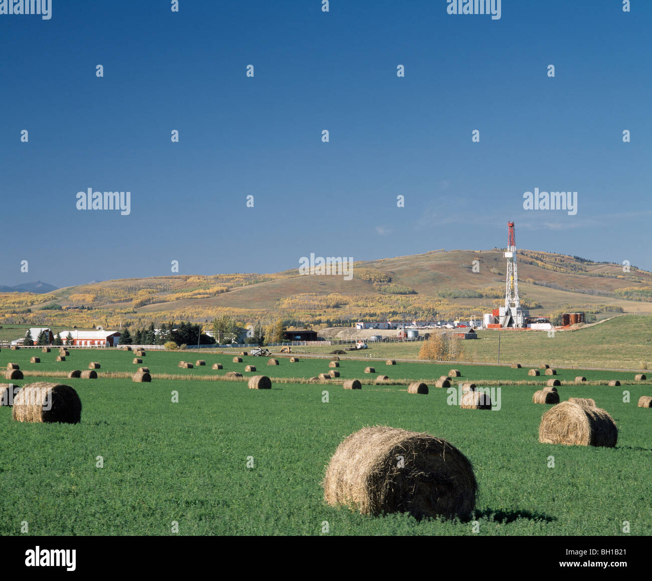 Hay bales with oil rig in background, Alberta, Canada Stock Photo - Alamy