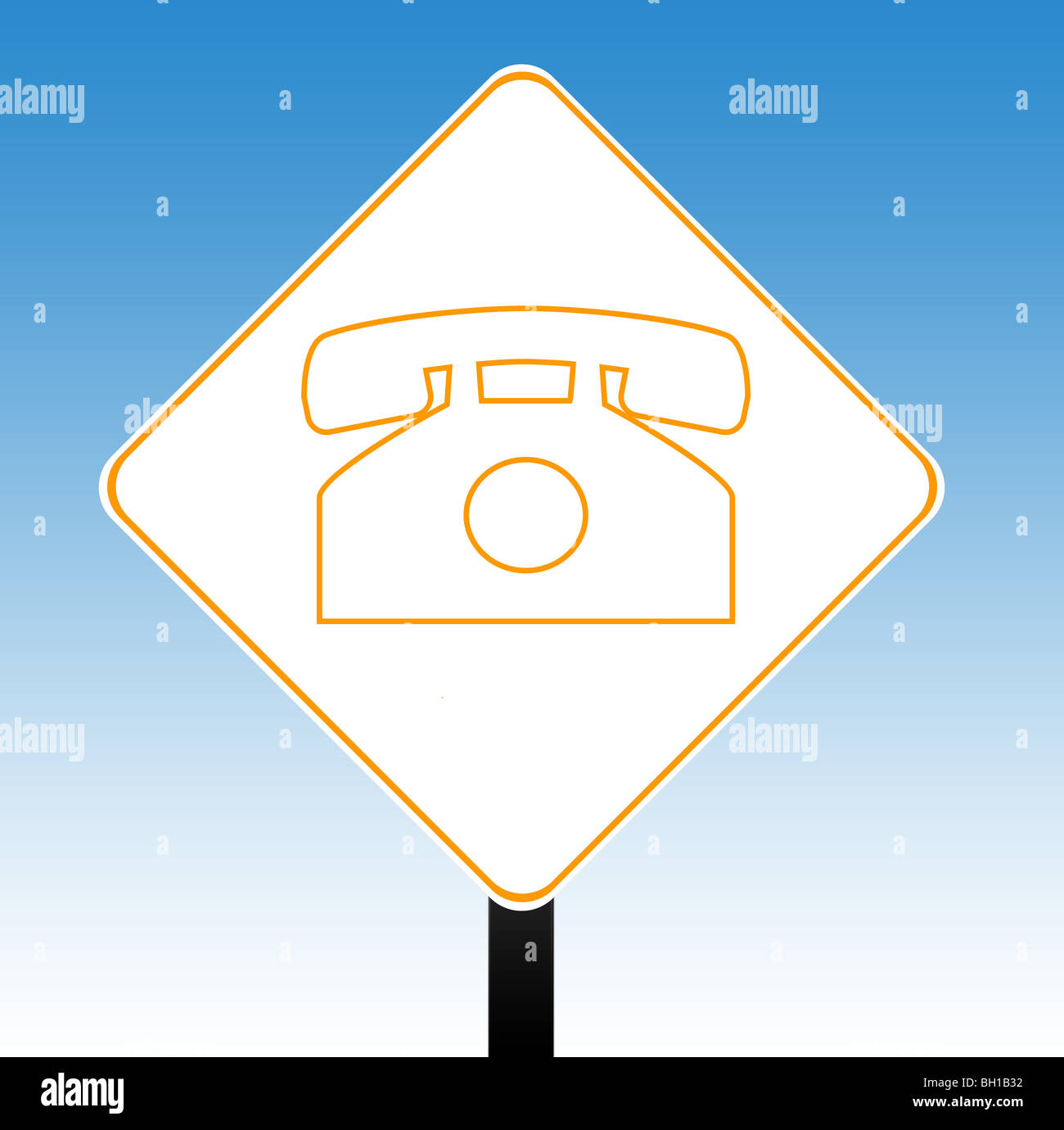 Contact telephone road sign with directional arrow, blue sky background ...