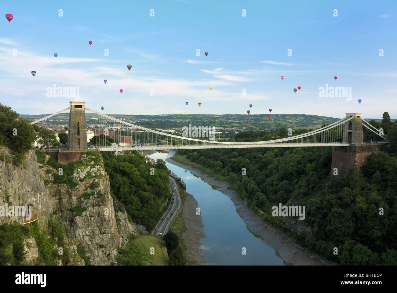 Bristol`s famous Clifton suspension bridge with a large number of hot ...