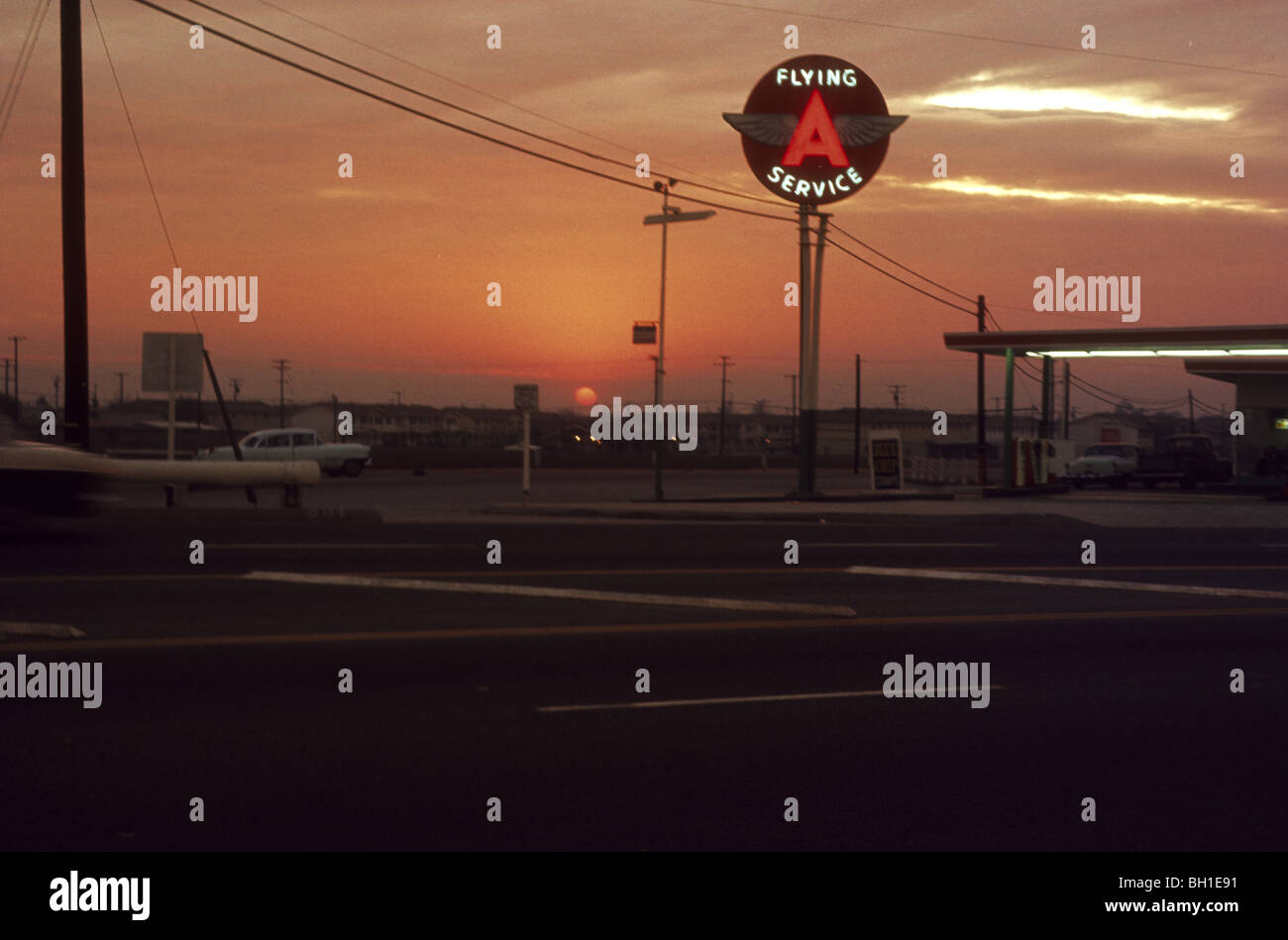 Flying A service station gasoline sign with wings at sunrise sunset in ...