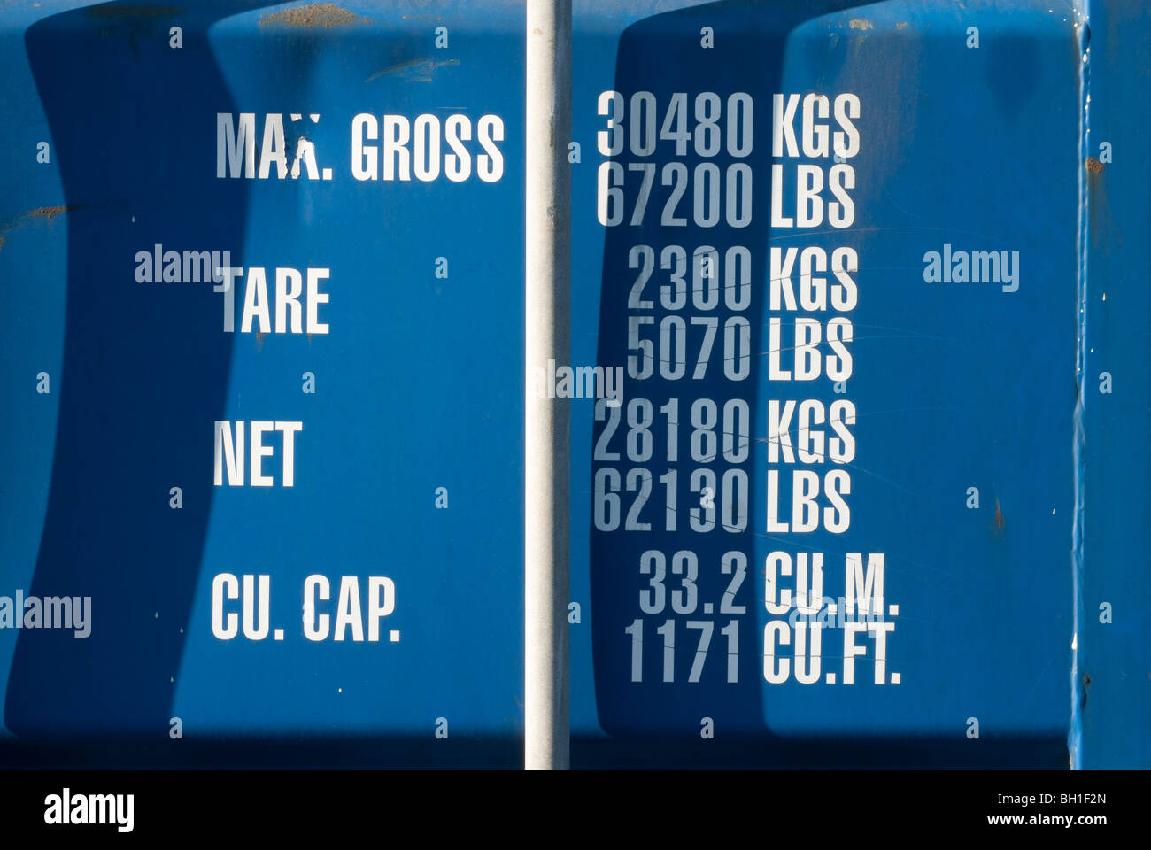 Blue Shipping Freight Container showing weights and sizes Stock Photo ...