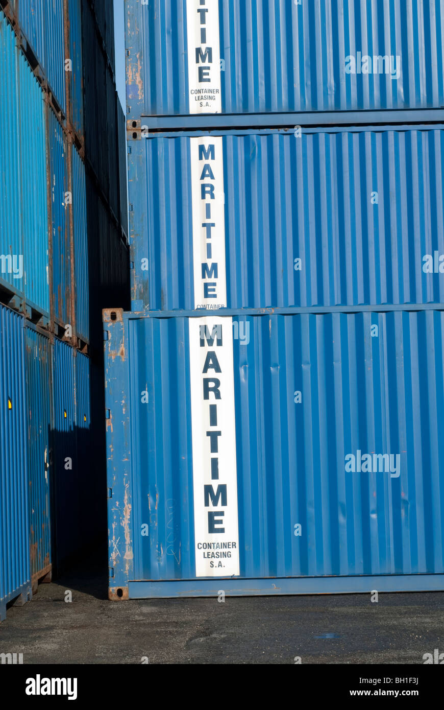 Blue Shipping Freight Container stack Stock Photo - Alamy