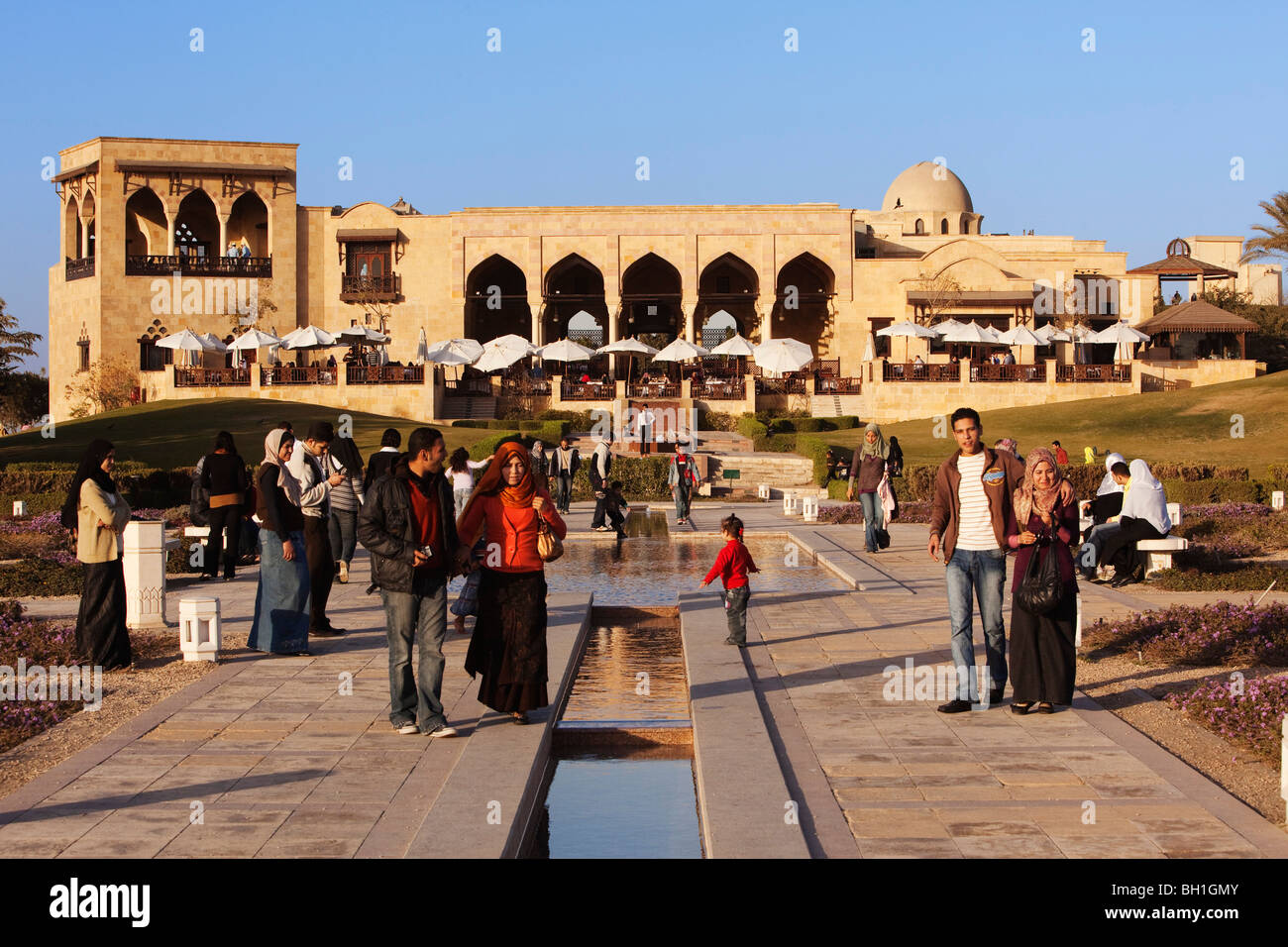 People in front of the Hilltop restaurant at Al Azhar Park, Cairo ...