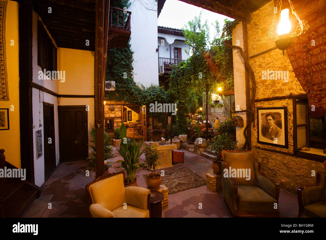 The illuminated atrium of the Atelya Art Hotel in the evening, Antalya ...