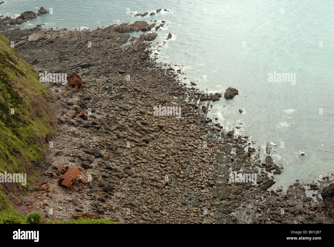 Shipwreck on beach at Hartland Point Lighthouse Cornwall UK Stock Photo ...
