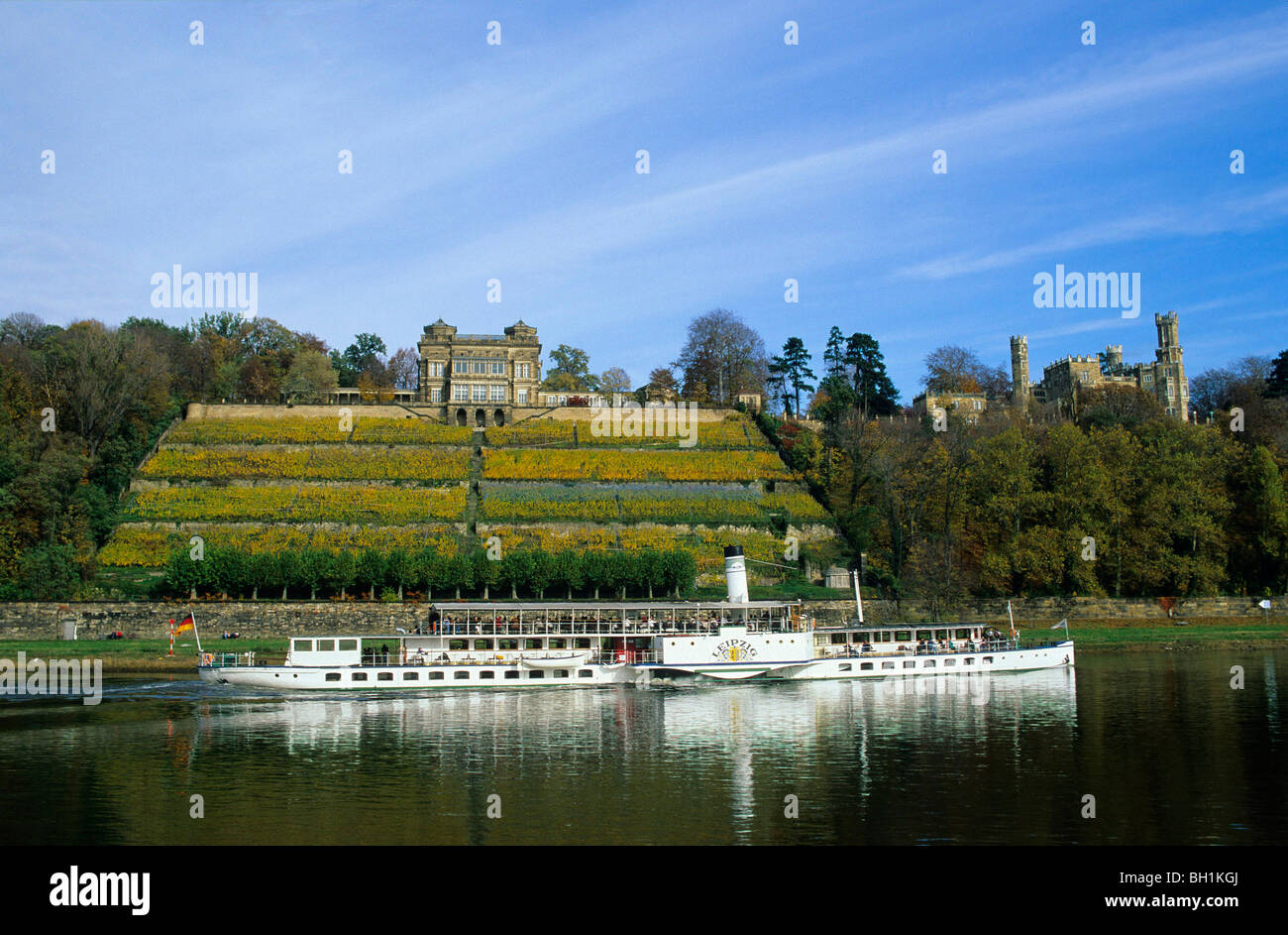 Mansion Stockhausen and Eckberg castle at river Elbe, Dresden, Saxony ...