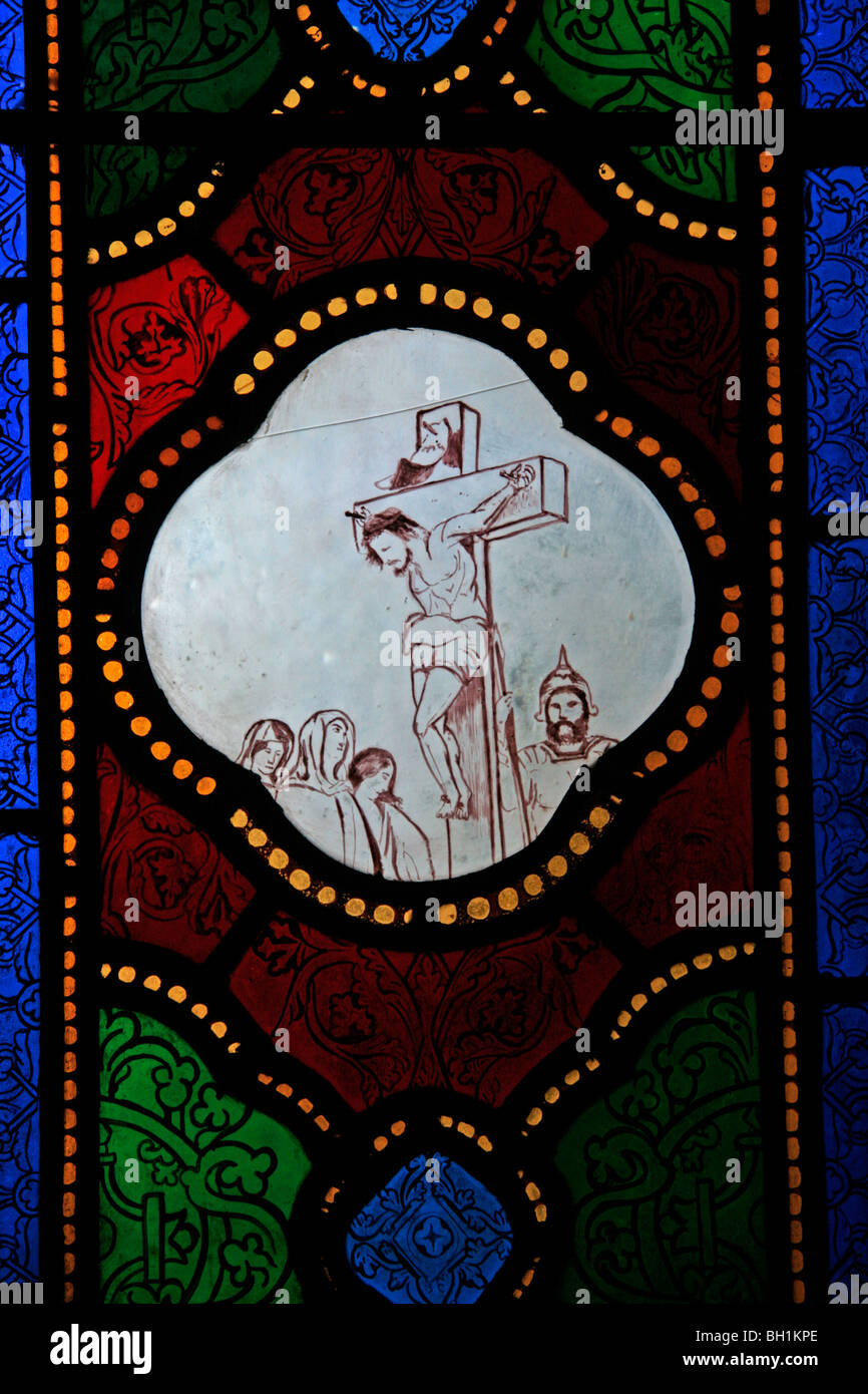 Crude unfinished stained glass window depicting the Crucifixion, St ...