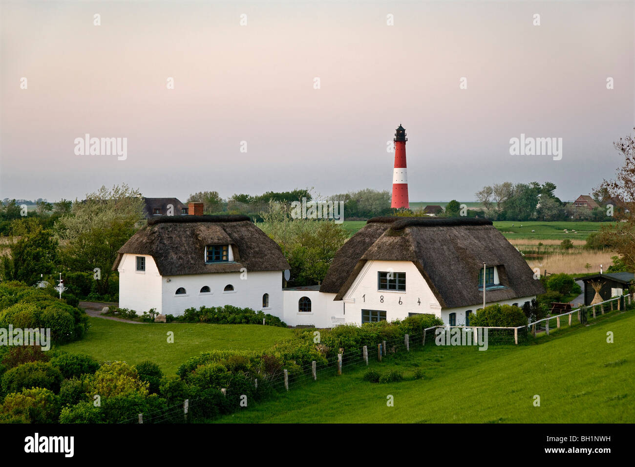 Thatched House and Lighthouse, Pellworm Island, North Frisian Islands ...