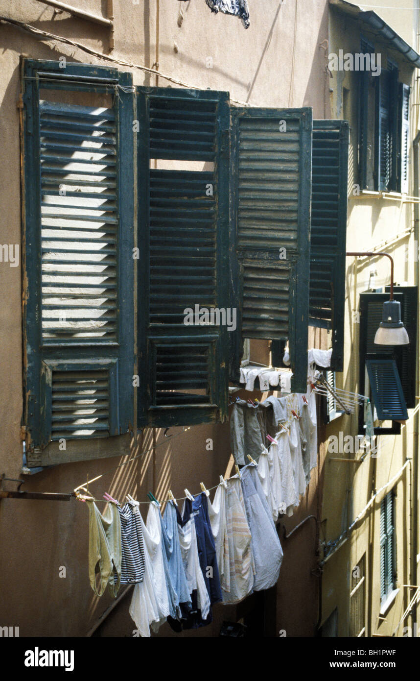 clothesline and window, typical Italian front, Italy Stock Photo - Alamy