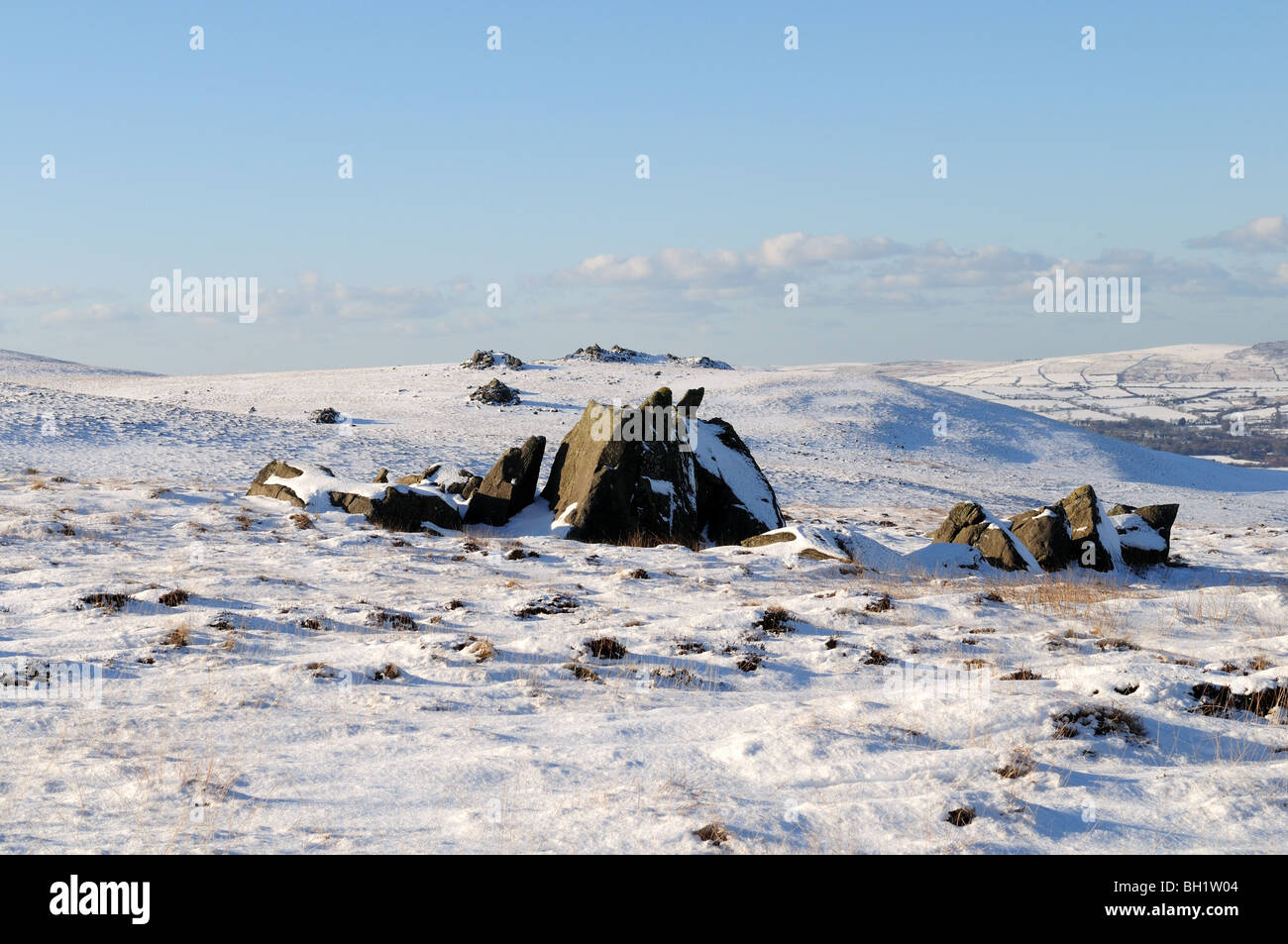 Outcrops of Spotted Dolerite - Bluestones on Carn Menyn in snow Preseli ...