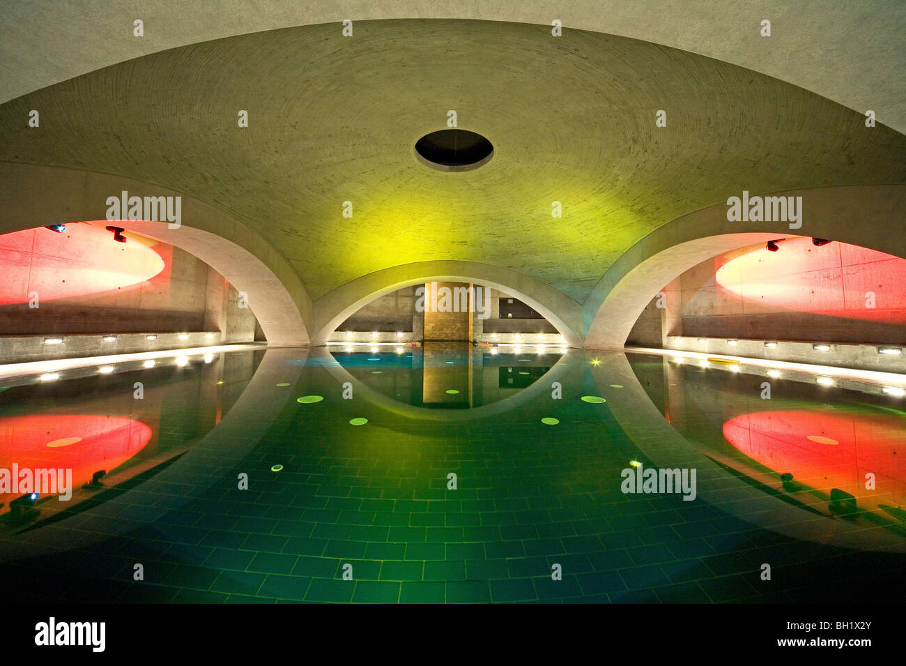 The Liquidrom, circular pool, under a vaulted roof. Light and sound ...