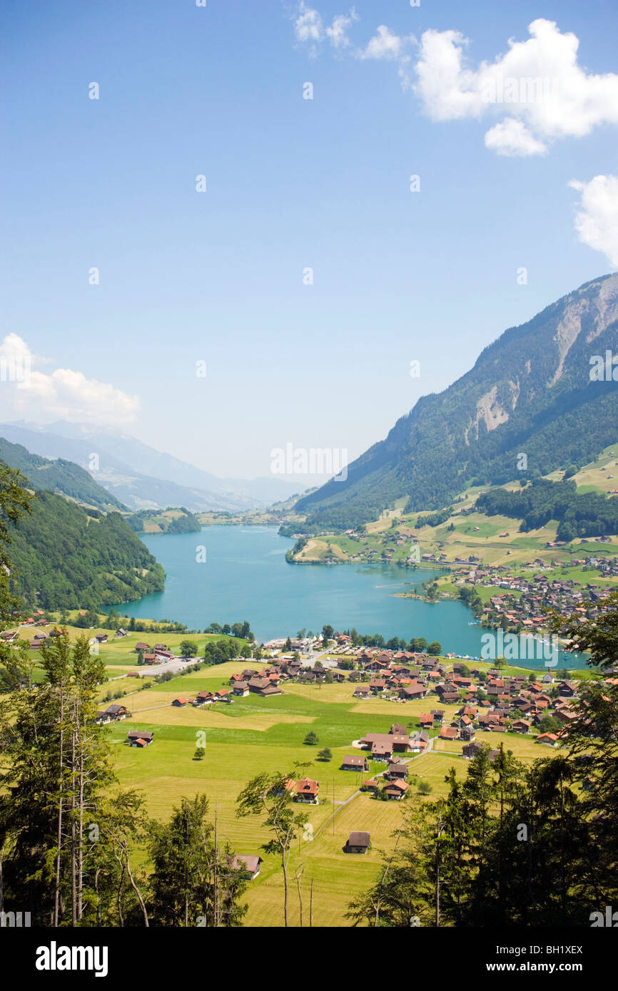 View from mountain Rothorn over valley with Lake Brienz and village ...