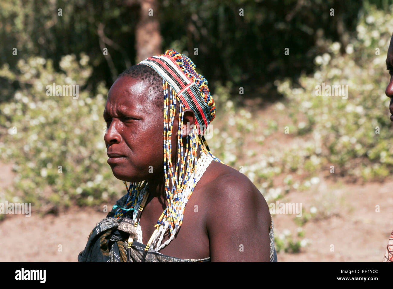 Africa, Tanzania, Lake Eyasi, portrait of a mature Hadza male. A small ...