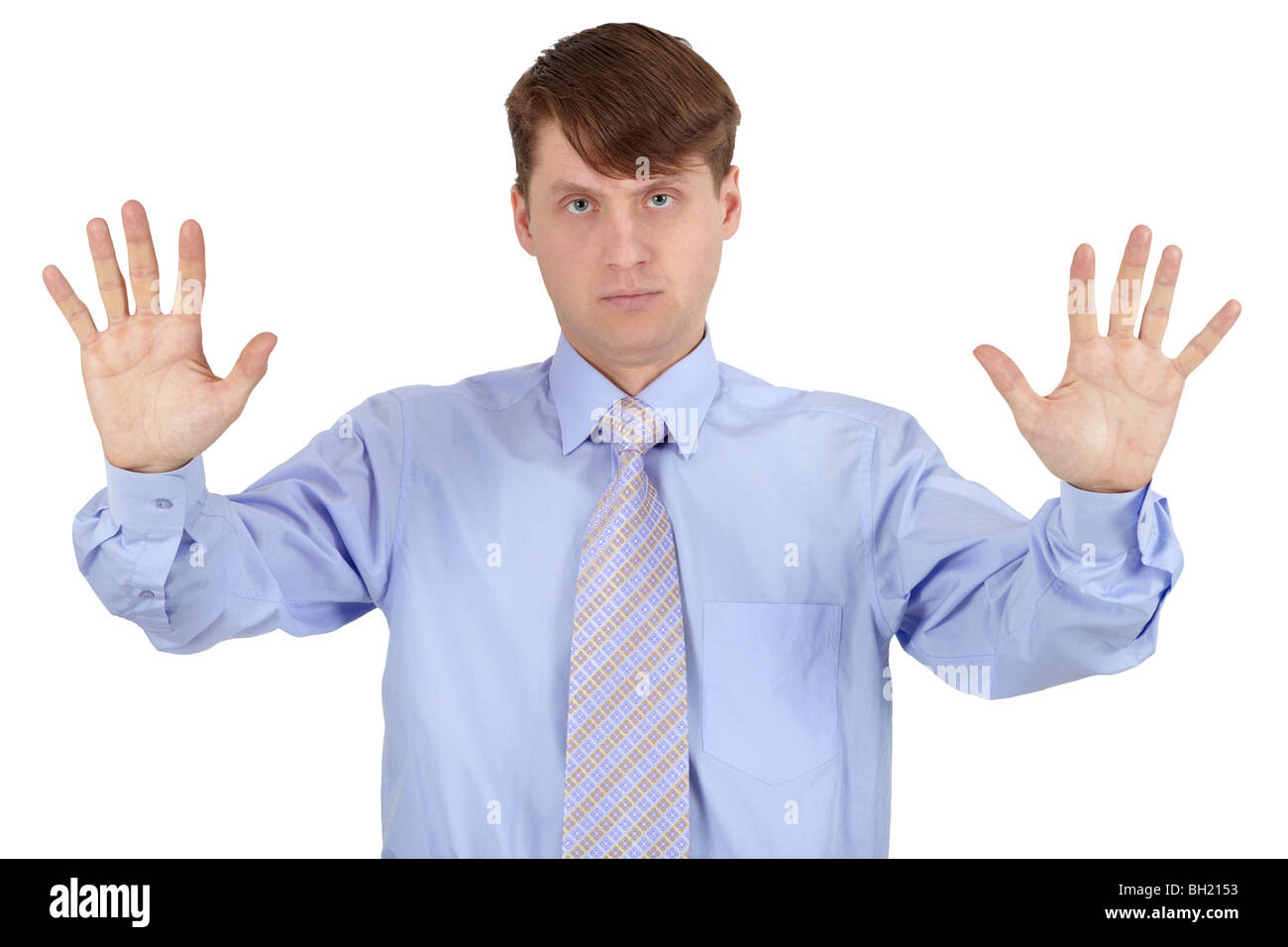 The young man extended his arms to show us - stop! Stock Photo - Alamy