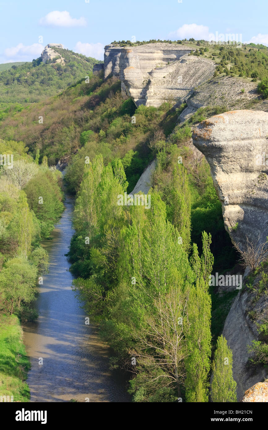 Spring Crimea Mountain landscape with precipitous rocks and river ...