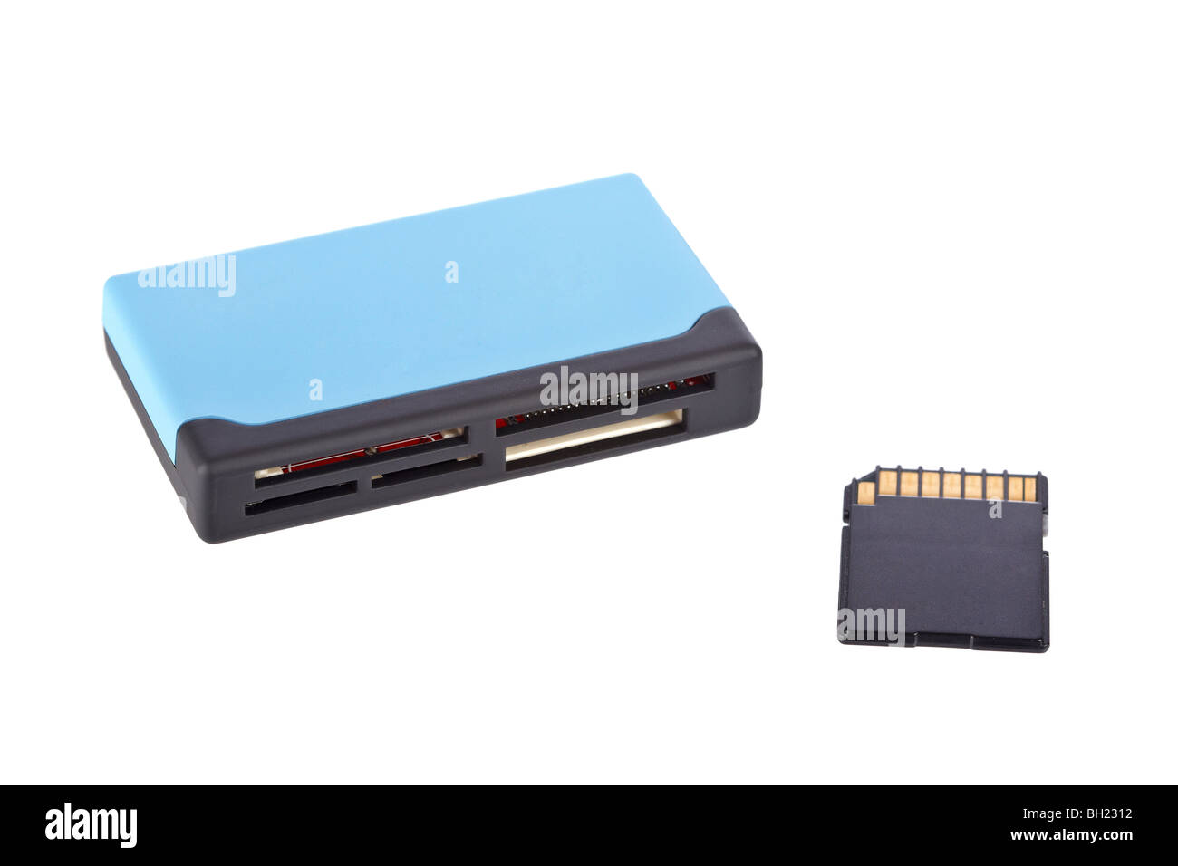 Multimedia card reader and SDHC card, isolated on white background ...