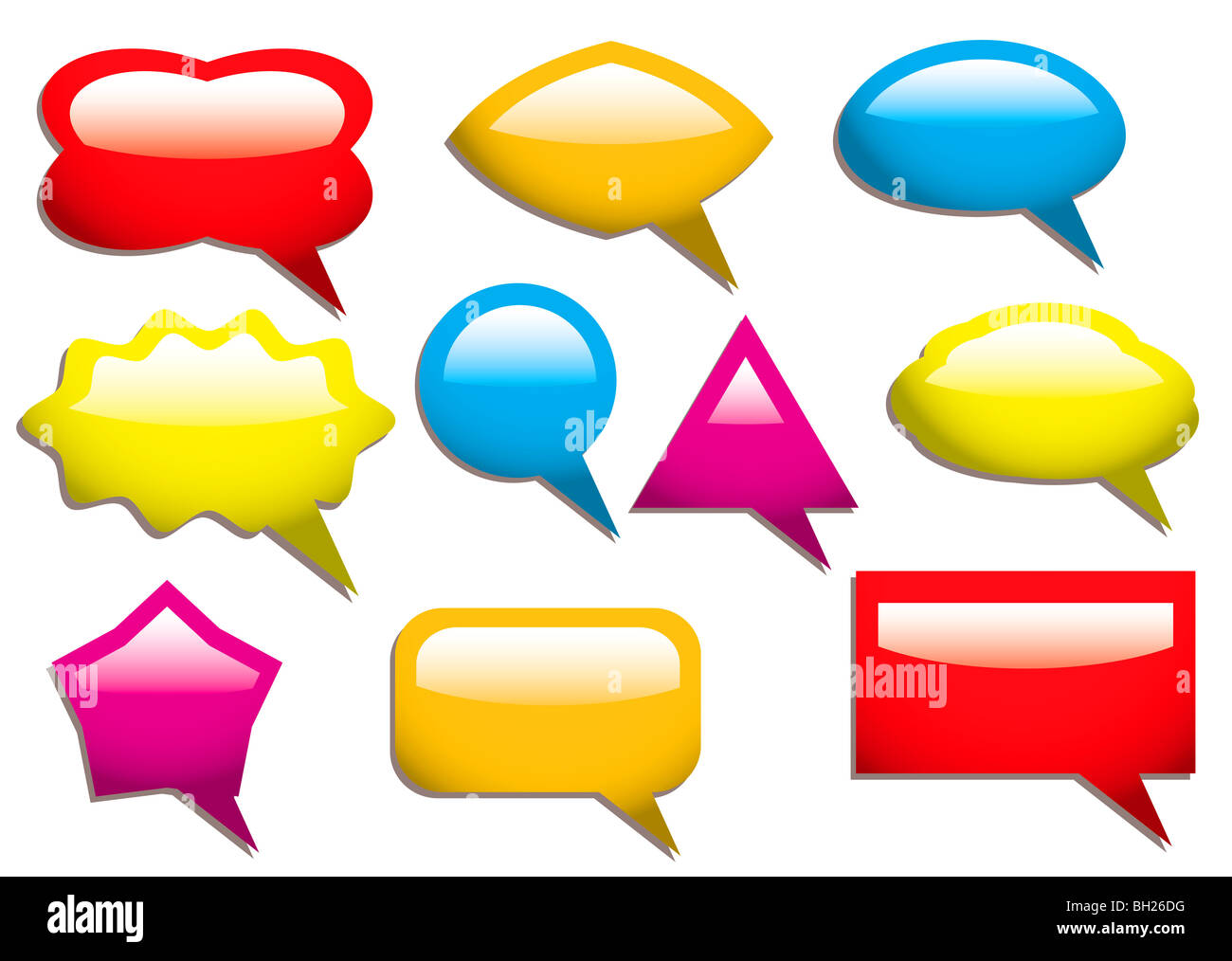 Collection of speech bubbles in primary colours and light reflection ...