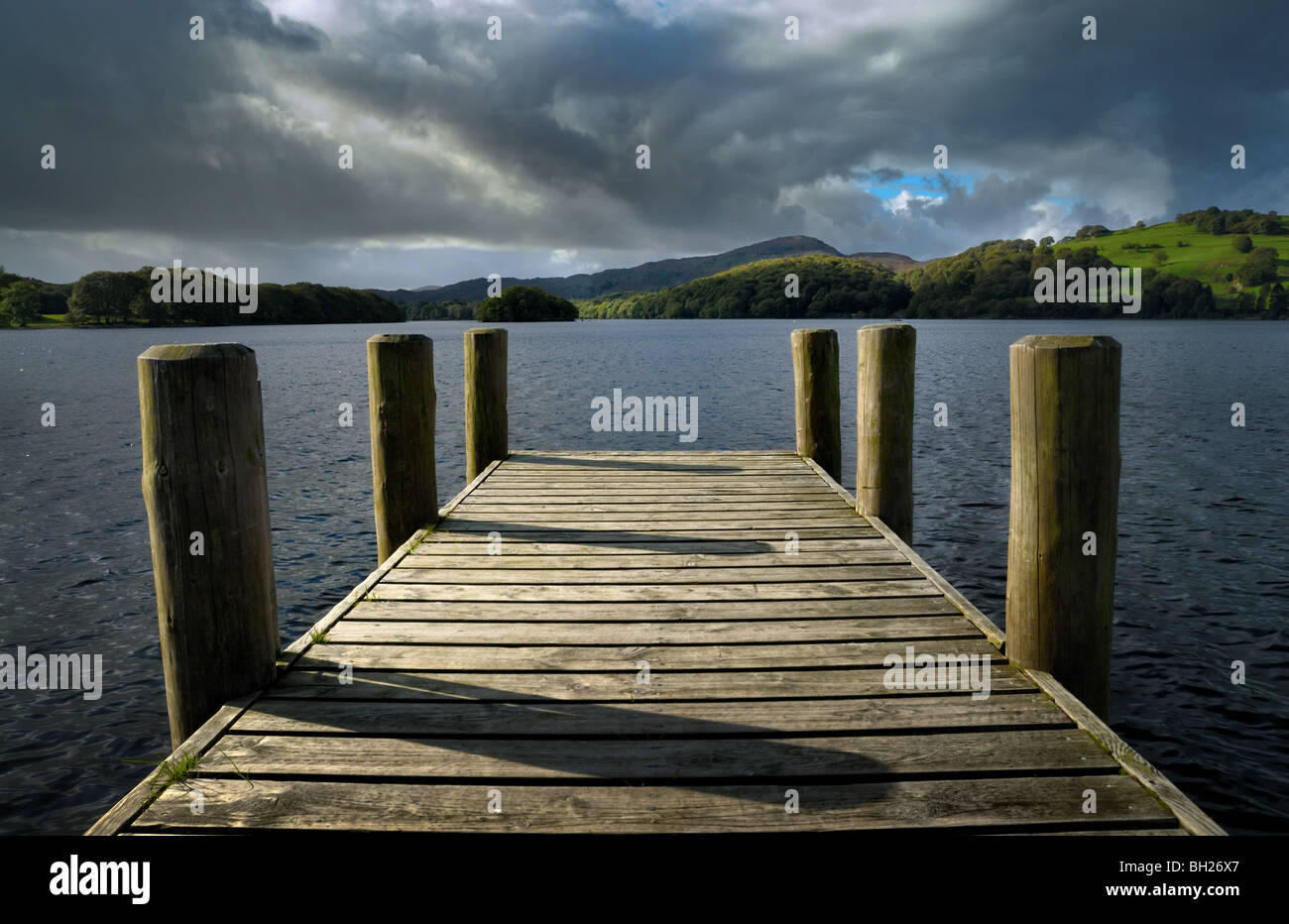 A picture of a jetty reaching out into Coniston water in the lake ...