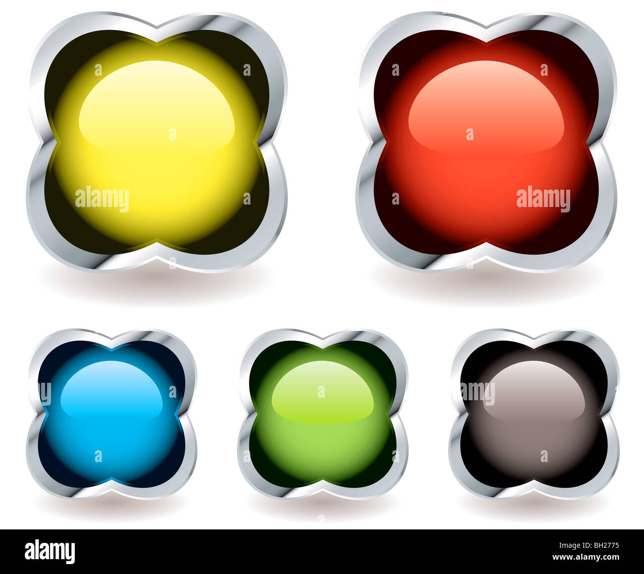 Collection of five round ball icons in a silver bevel shape with drop ...