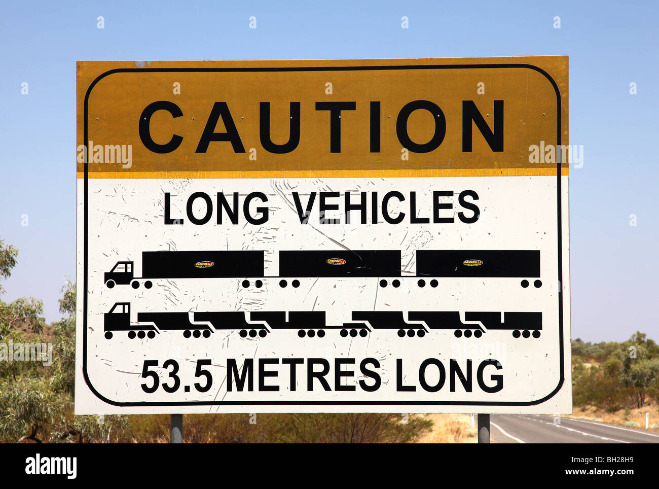 Caution warning Long Vehicles road train QLD Queensland Australia Stock ...