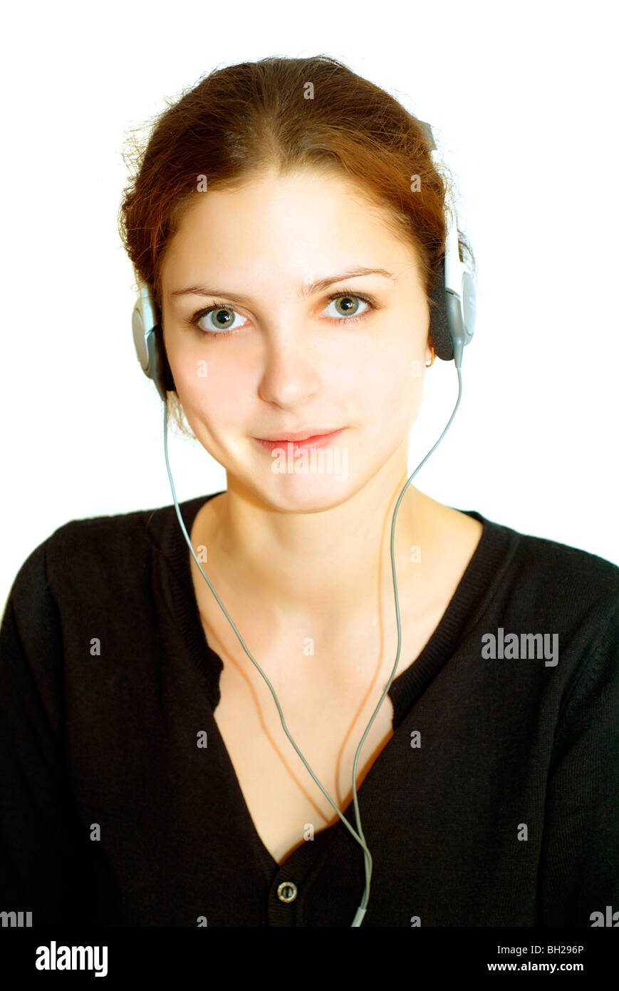 girl in headphones. Isolation on white Stock Photo - Alamy
