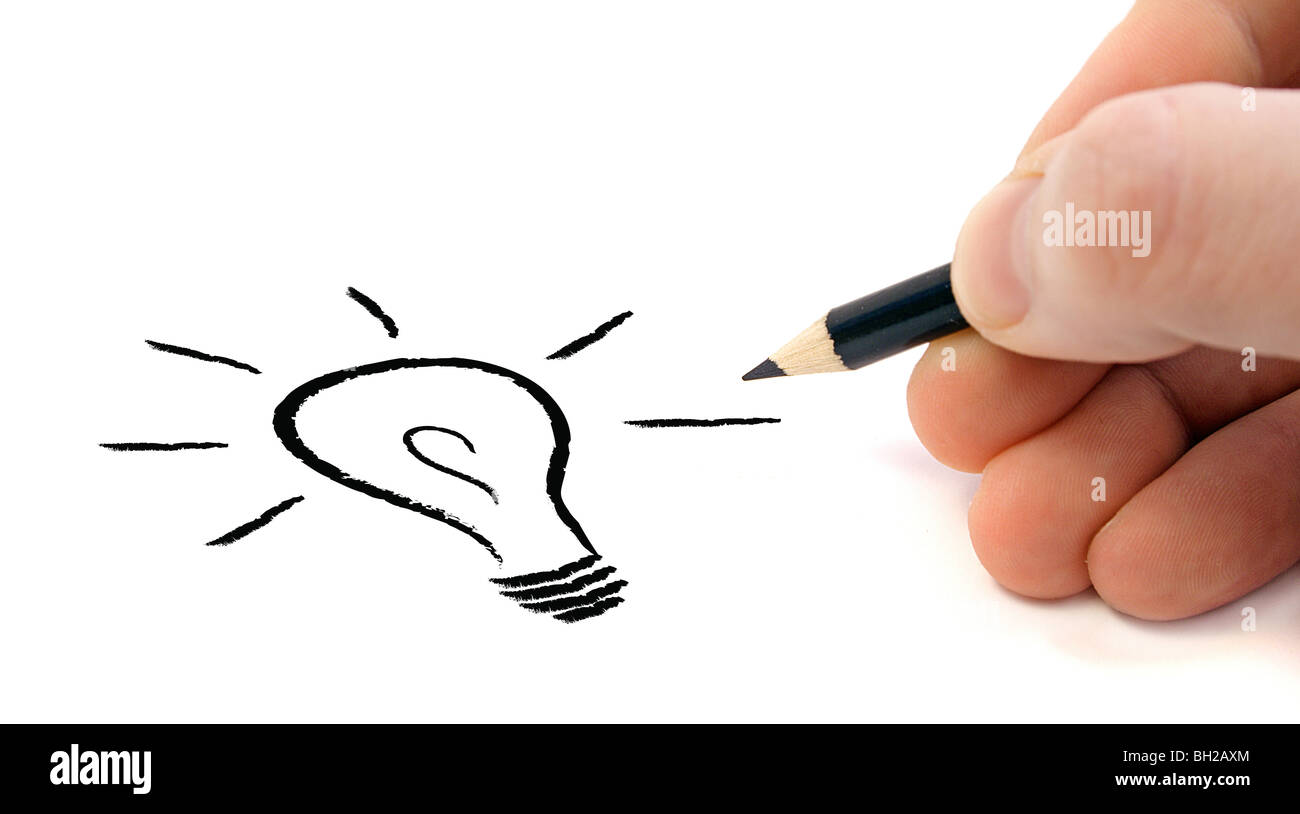 A human hand sketching a stylized light bulb. All on white background ...
