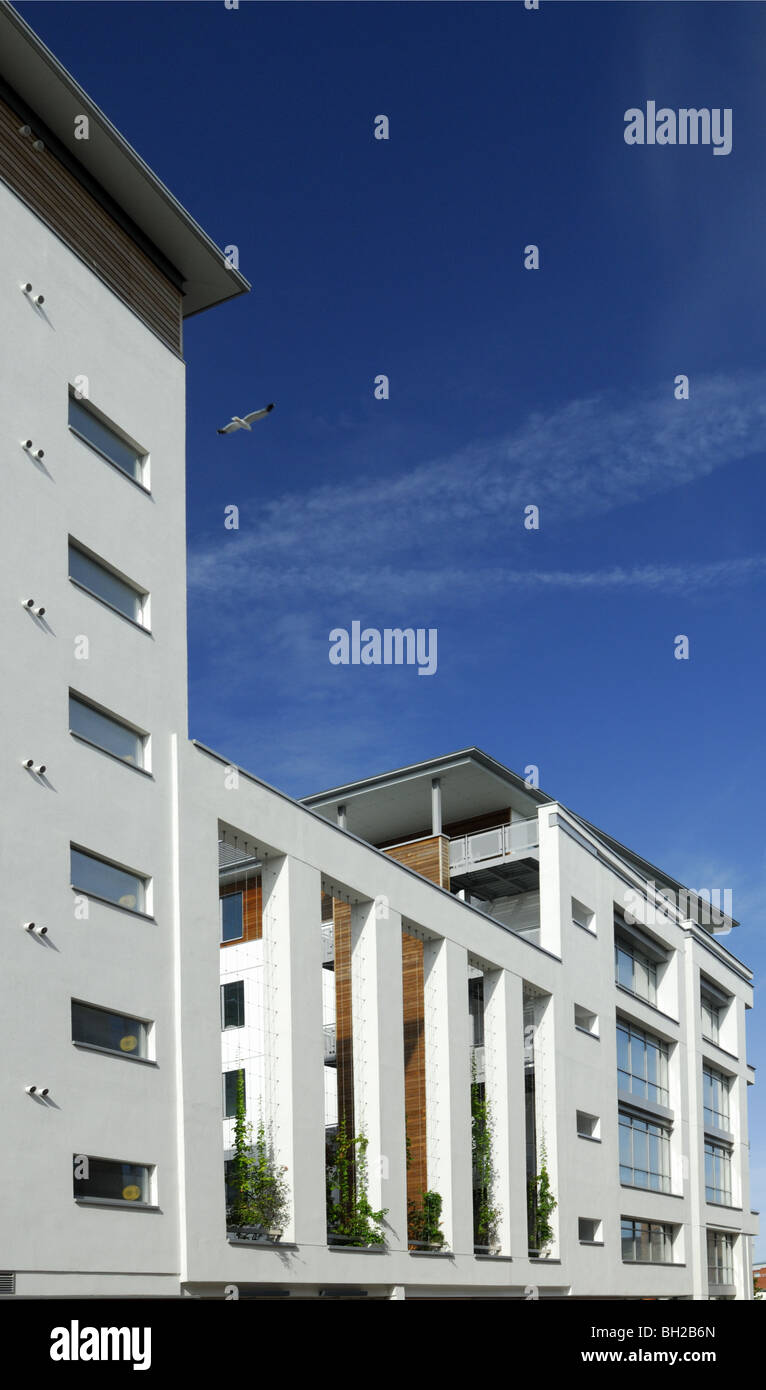 Modern white architecture with lots of parallel lines and a seagull in ...