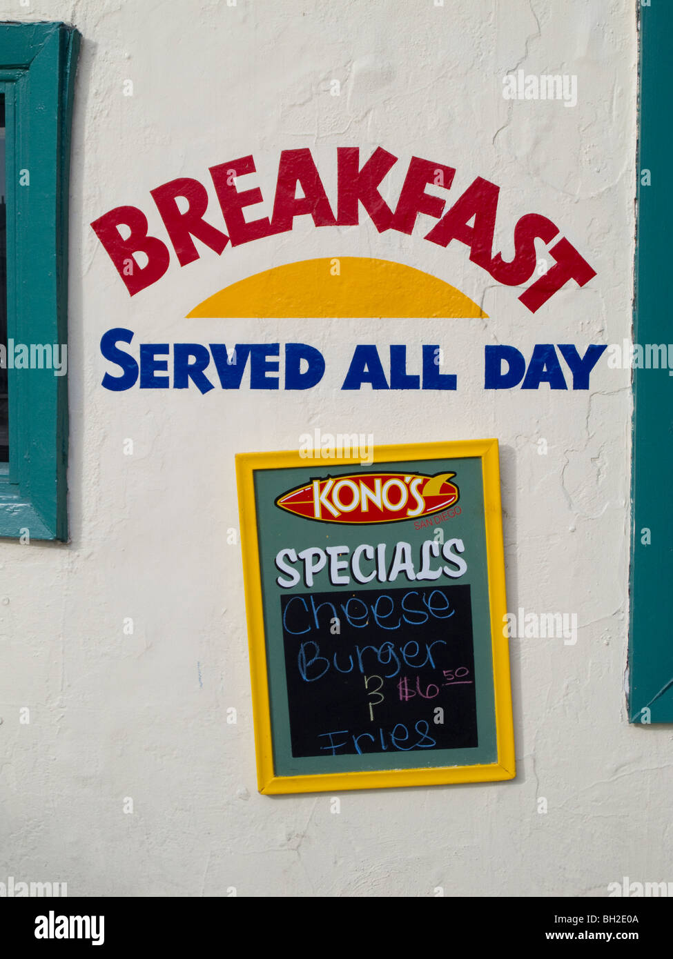 Sign outside Kono's Cafe says Breakfast Served All Day and lists the ...