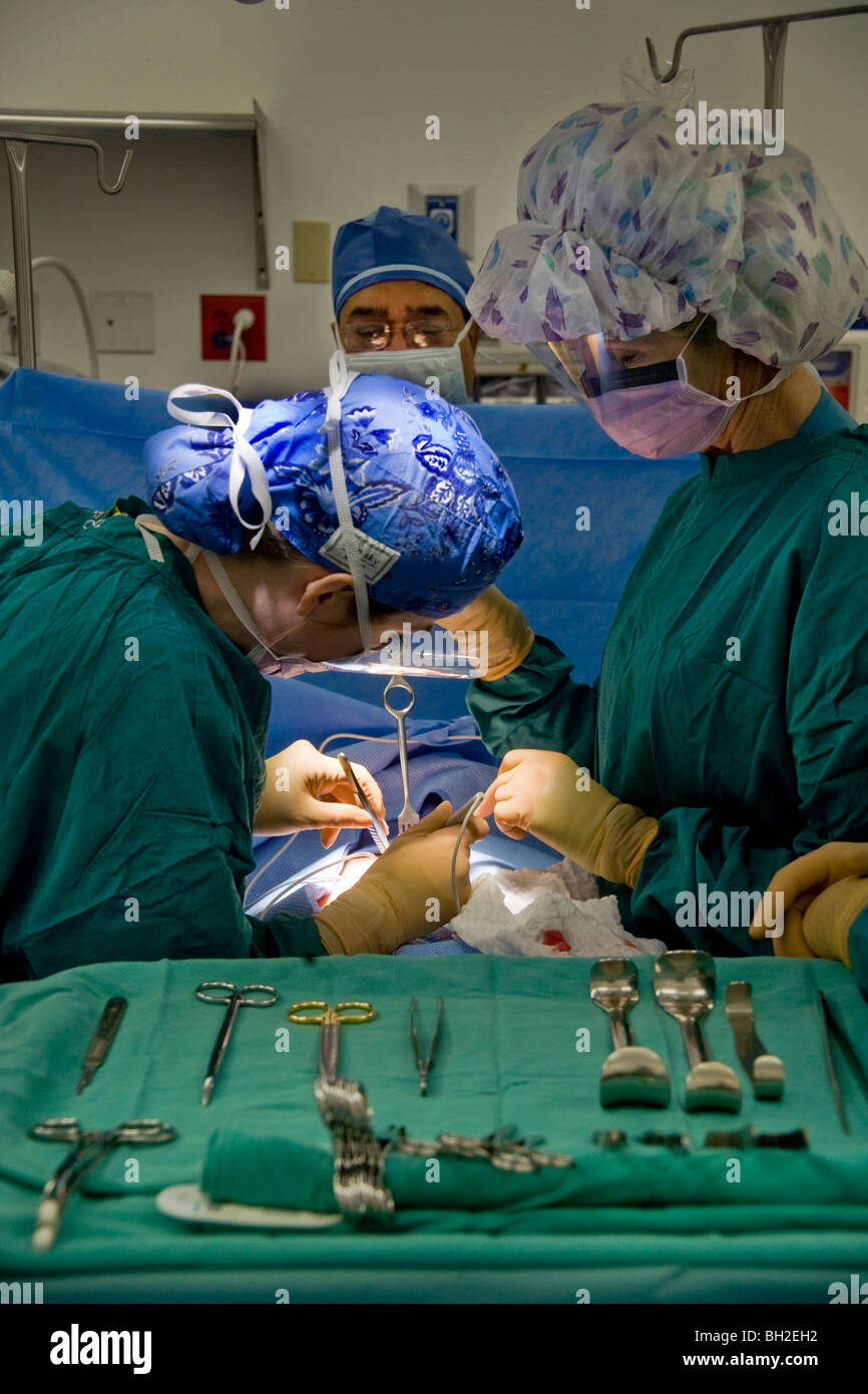 Using electrocautery for minimum blood loss, a woman surgeon performs ...