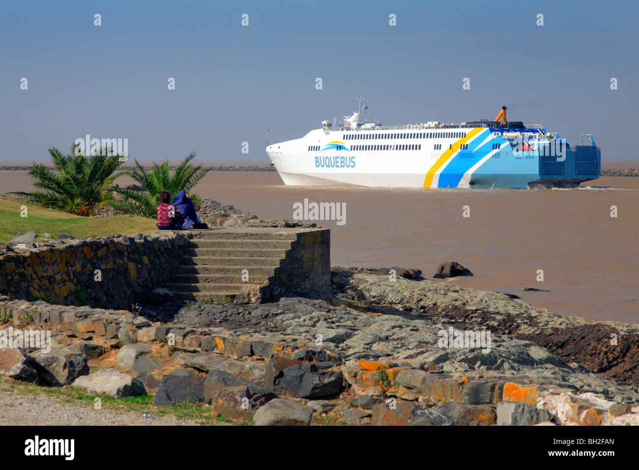 Buquebus ferry ship arriving to Colonia del sacramento coast. urugauy ...