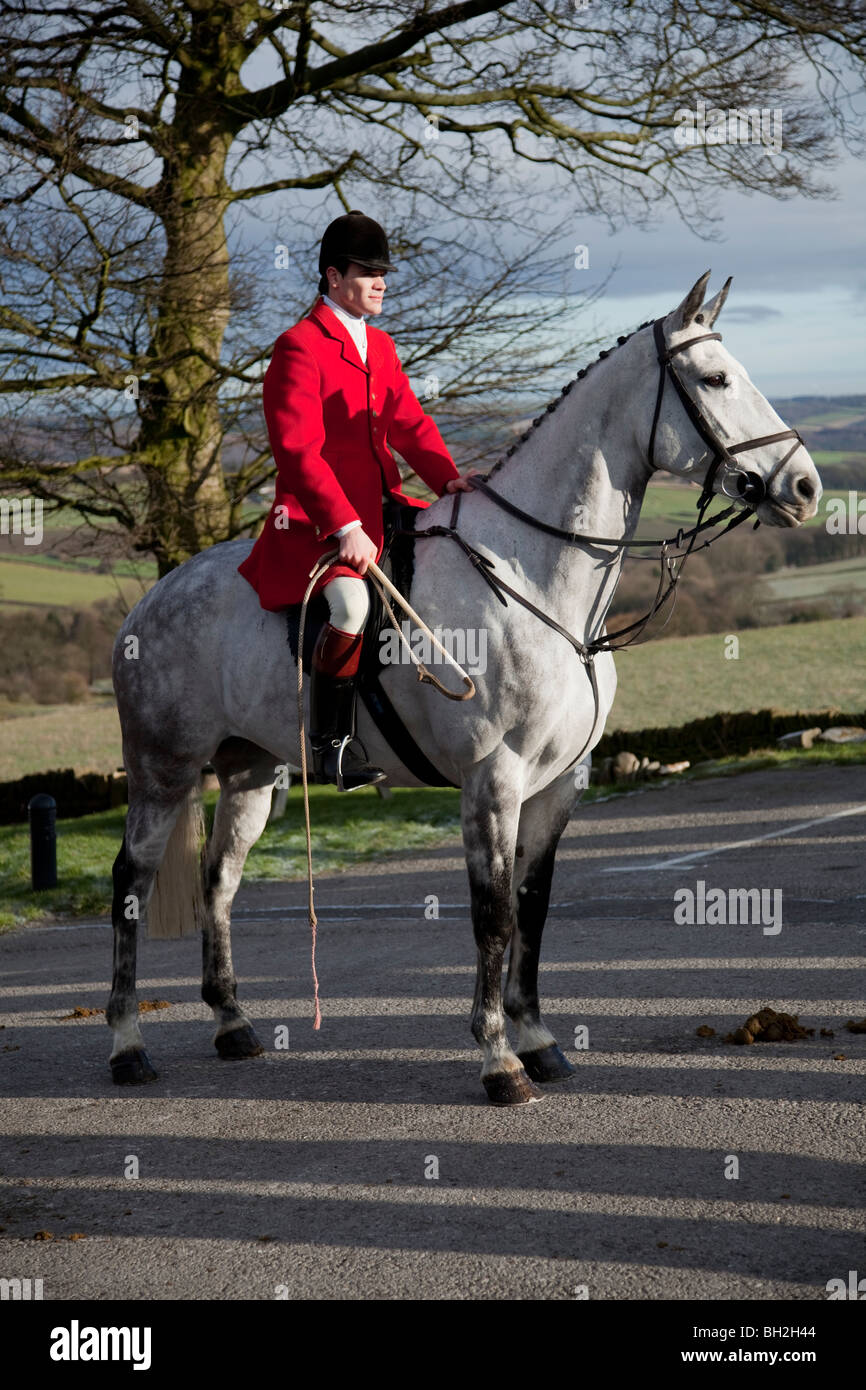 Hunt rider on horseback at the annual meet in Derbyshire Peak District ...