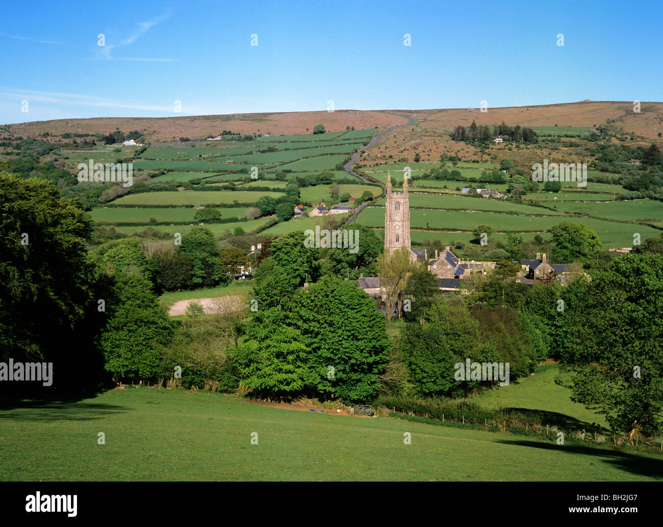 Widecombe-on-the-Moor - View over the picturesque village showing the ...